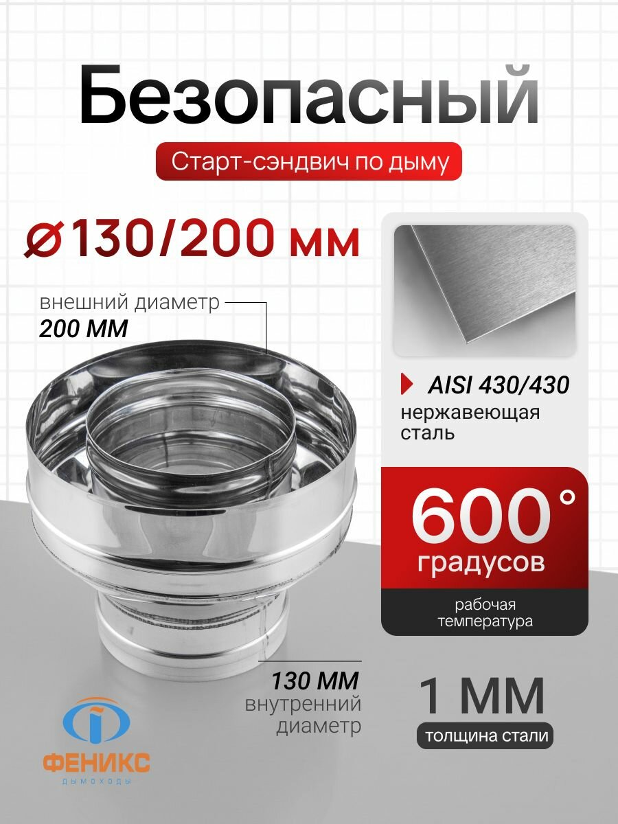 Переход моно-термо феникс D130/200 мм, AISI 430, толщина стенки 1.0 мм