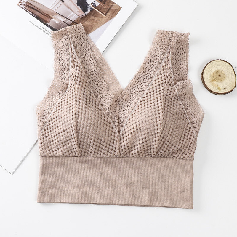 TikTok Live Beauty Back VV Глубокий вырез на груди, кружевной бюстгальтер для женщин, антиэкспозиционный топ, ночная майка, дышащая чашка с подкладкой