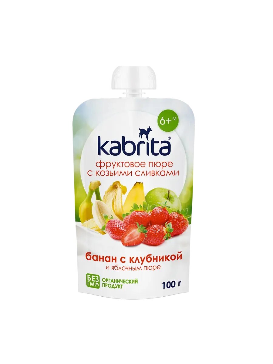 Kabrita Пюре фруктовое с козьими сливками Банан с клубникой и яблочным пюре 100 г 1 шт