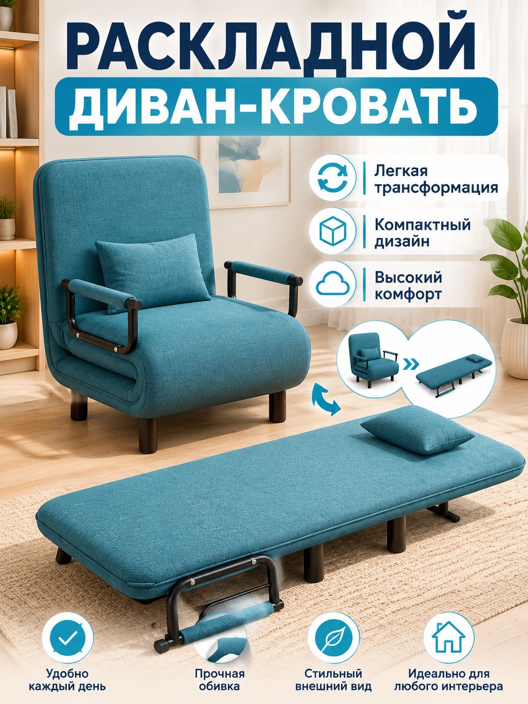 Диван раскладной одноместный для отдыха и сна, компактный для кабинета и дома.