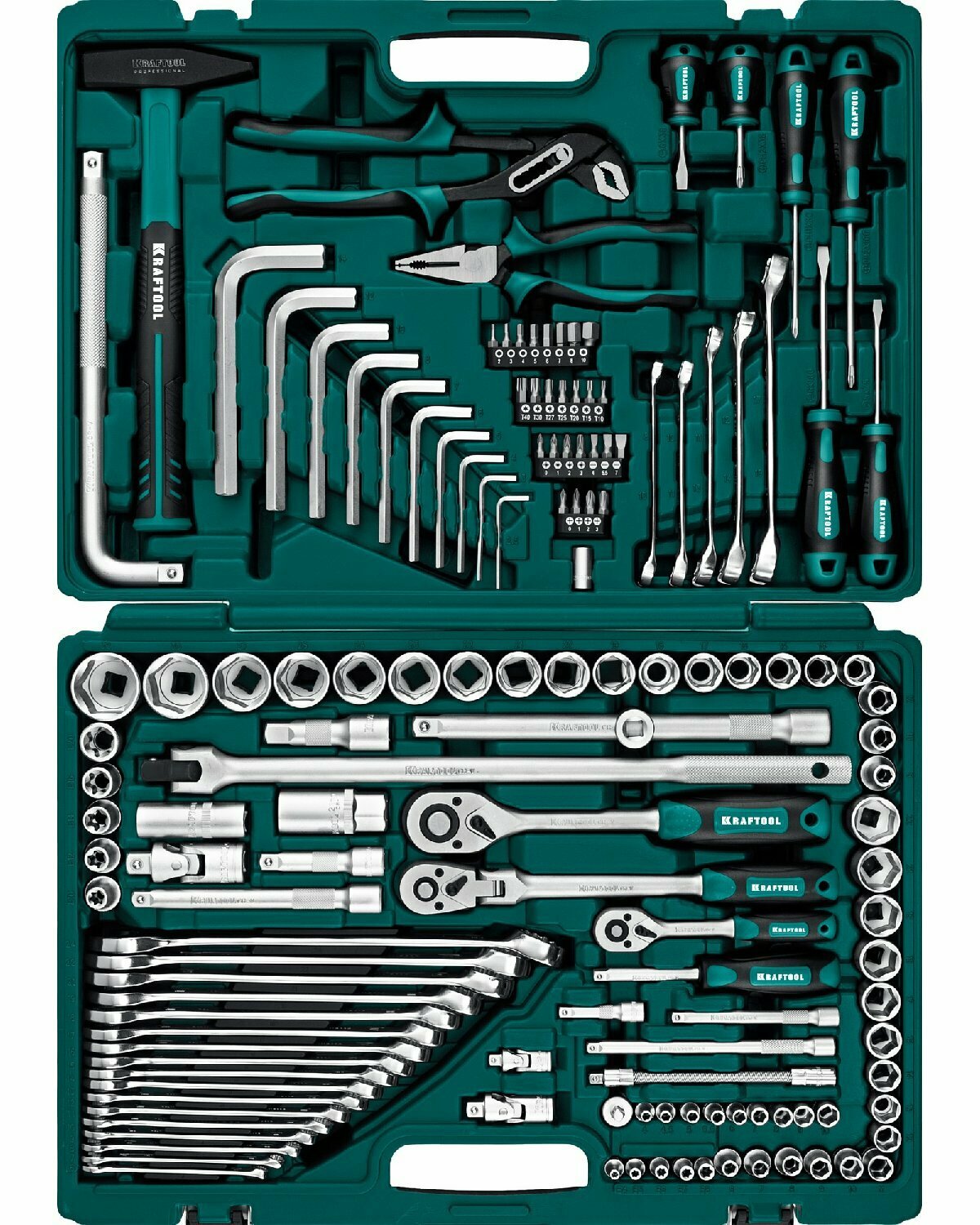 Универсальный набор инструмента KRAFTOOL EXTREM-142 142 предмета CrV сталь хромированное покрытие присоединительный квадрат 1/2 3/8 1/4 дюйма