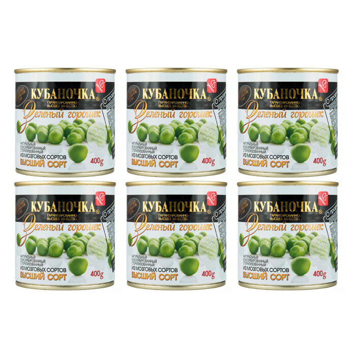 Кубаночка Горошек зеленый консервированный, 400 гр, 6 шт