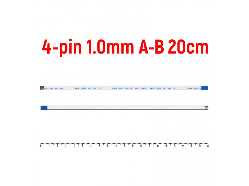 Шлейф FFC 4-pin Шаг 1.0mm Длина 20cm Обратный A-B AWM 20624 80C 60V VW-1
