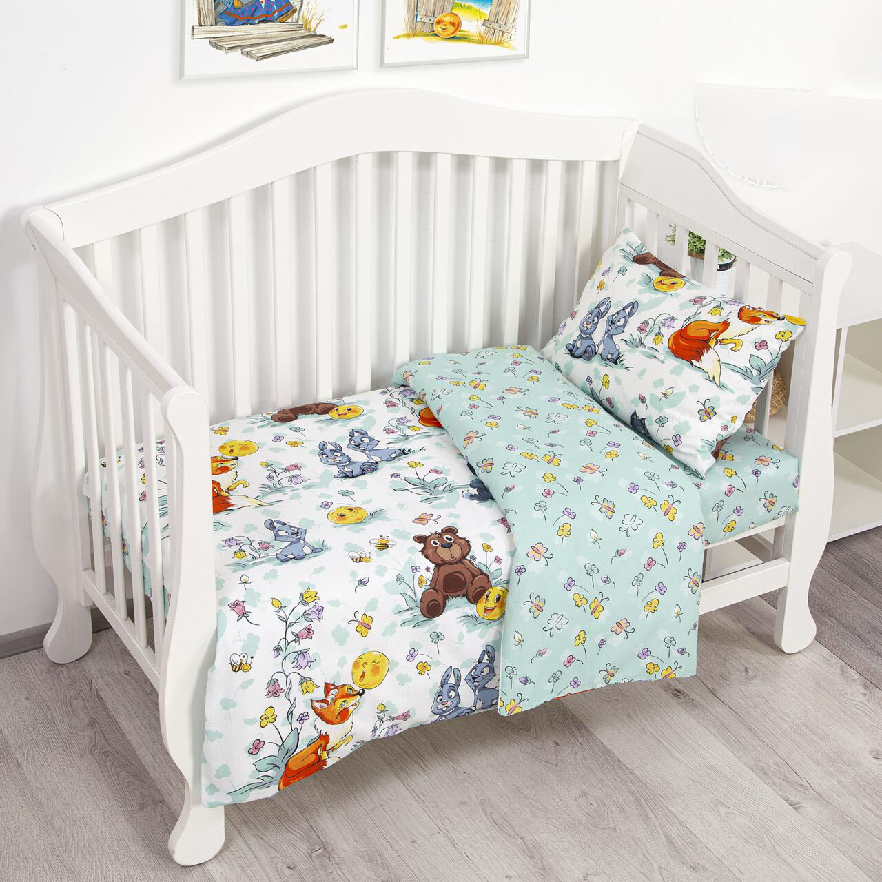 Детский комплект постельного белья из бязи АртПостель "Колобок" Ясельный, в детскую кроватку, звери, сказка