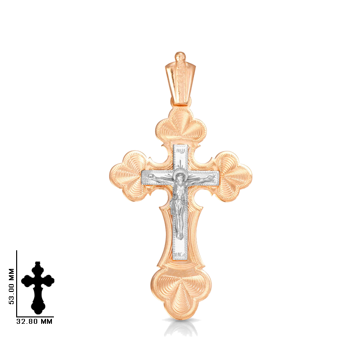 Крестик, комбинированное, красное золото, 585 проба, родирование, гравировка