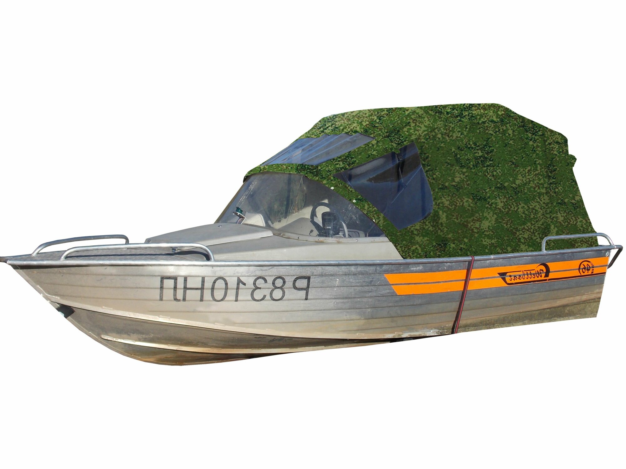 Wellboat-46 / Вельбот-46. Тент с дугами с креплениями на штатное стекло