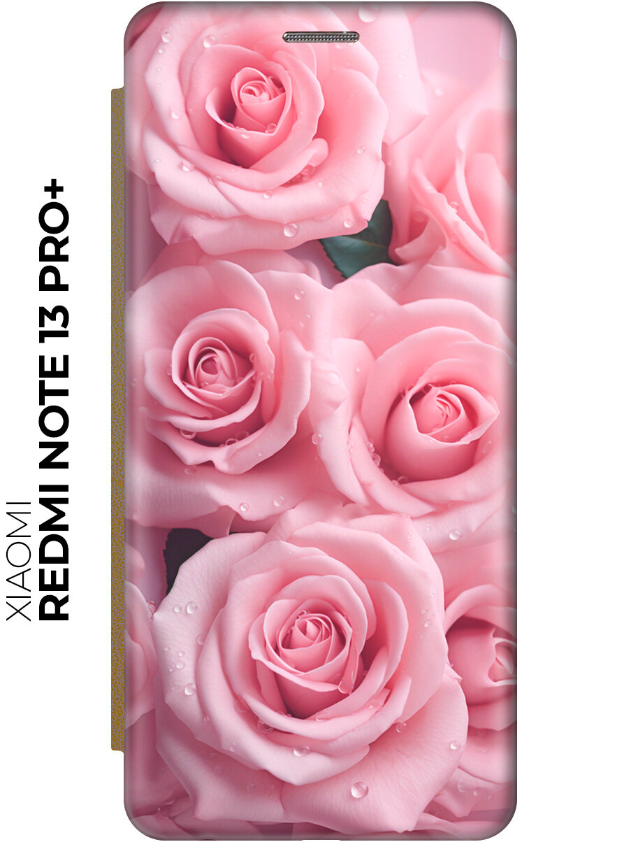 Чехол-книжка на Xiaomi Redmi Note 13 Pro + / Сяоми Редми Ноут 13 Про + с рисунком "Букет роз" золотой