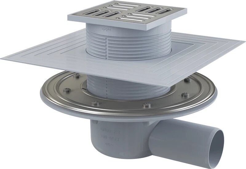 Душевой трап AlcaPlast APV1324 105x105/50 мм, с решеткой, перфорированный, хром