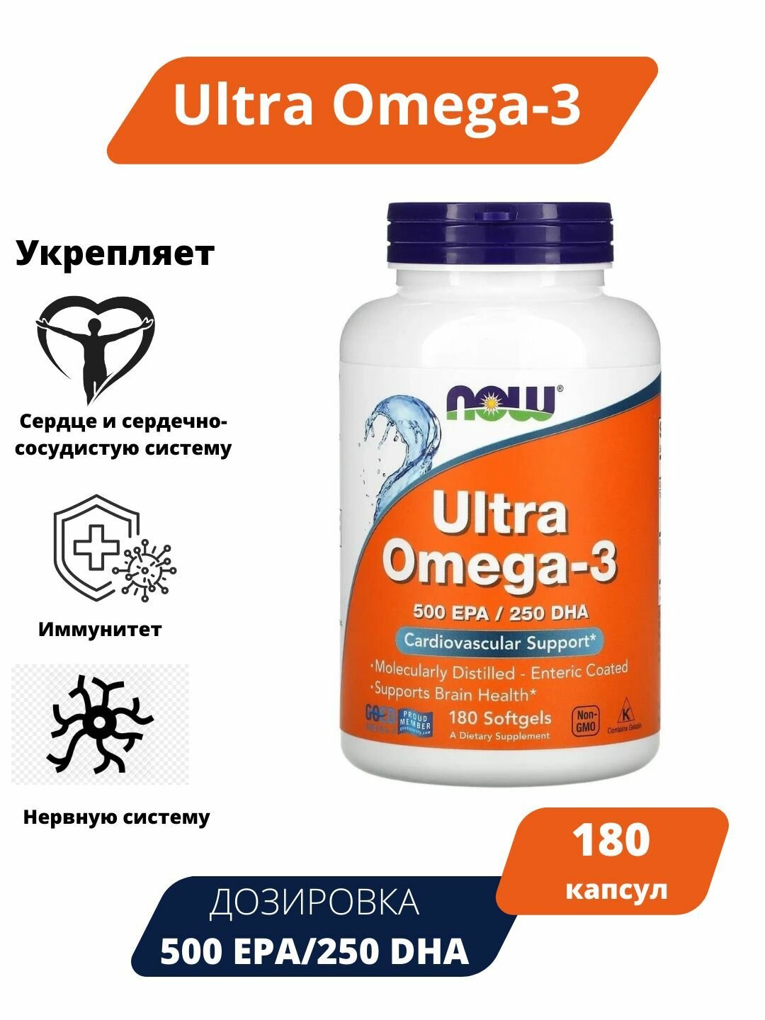 NOW Ultra omega-3 180 капсул 500 EPA/250 DHA / Ноу ультра омега 180 капсул 500 ЕПА/250 ДГА