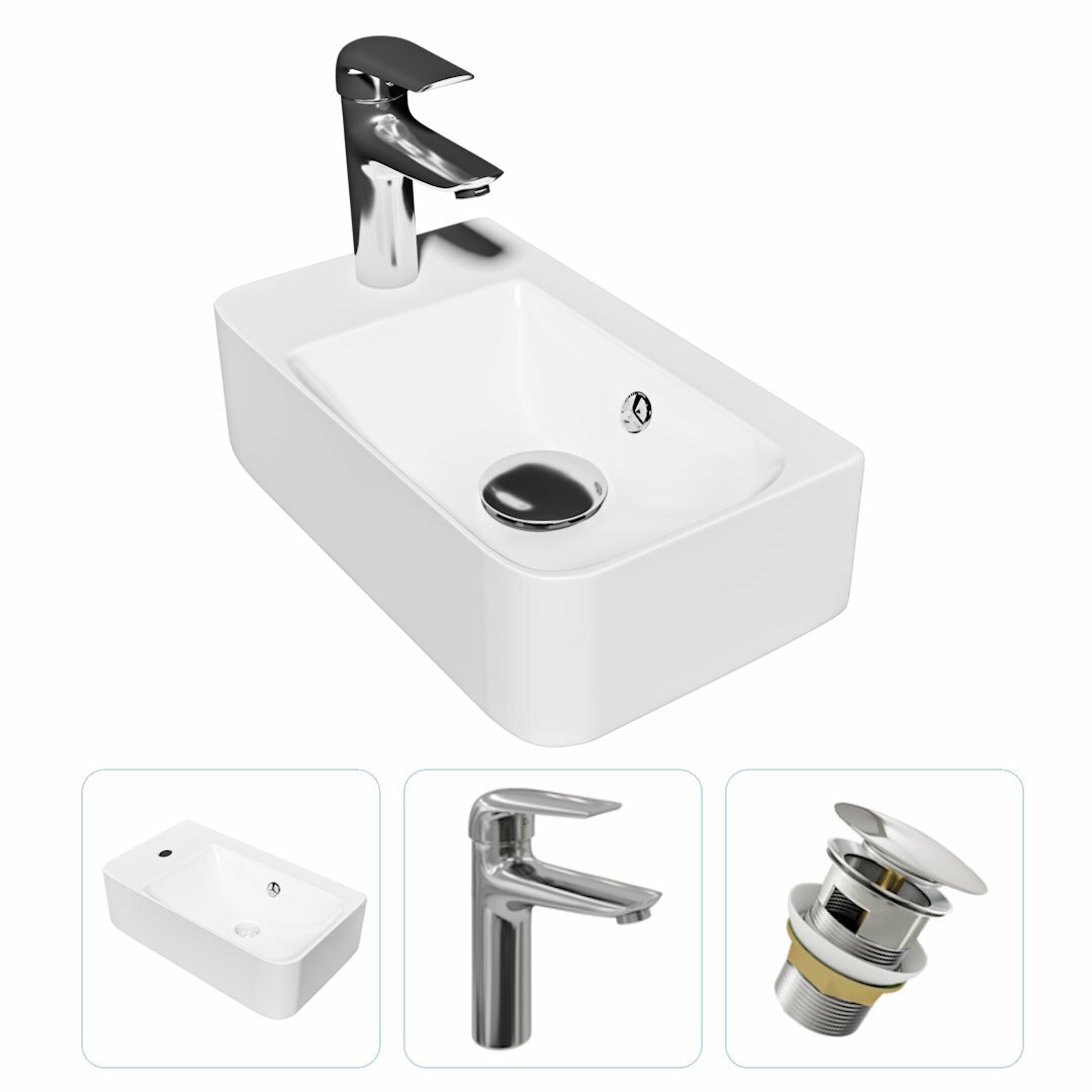 Раковина подвесная для ванной Teymi Hanna 45 левая в комплекте смеситель хром и донный клапан клик-клак с переливом хром F07639