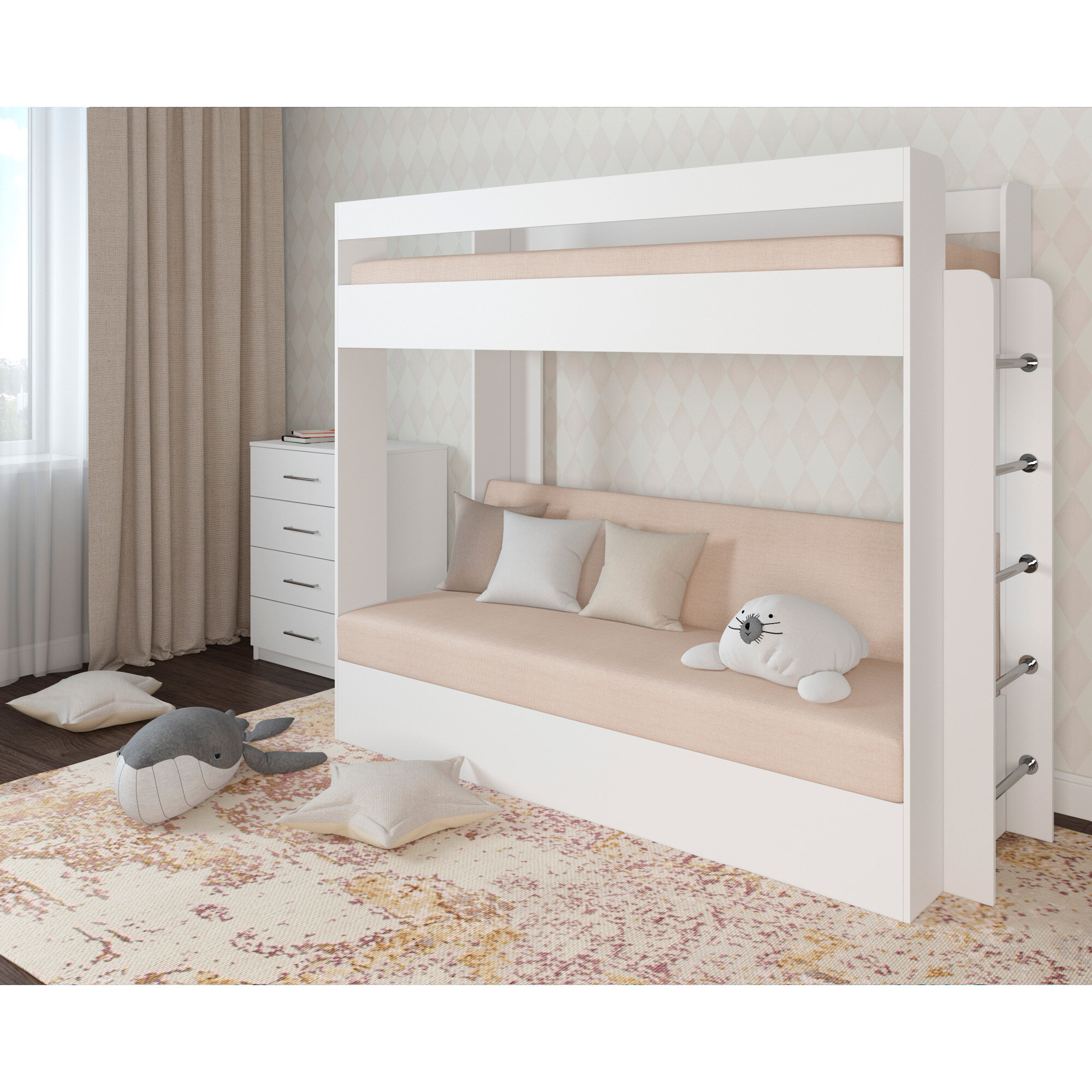 Кровать двухъярусная с диваном Есэндвич new Лаворо (Белый/Savana Plus Ivory)