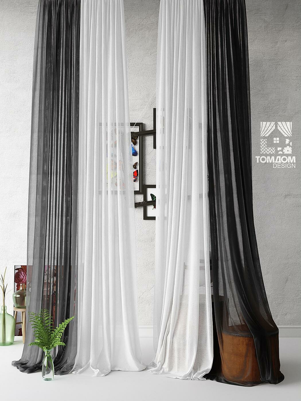 Комплекты штор AT HOME Квирин (черный) высота 300 см, ширина 600 см, крепление - шторная лента, Белый