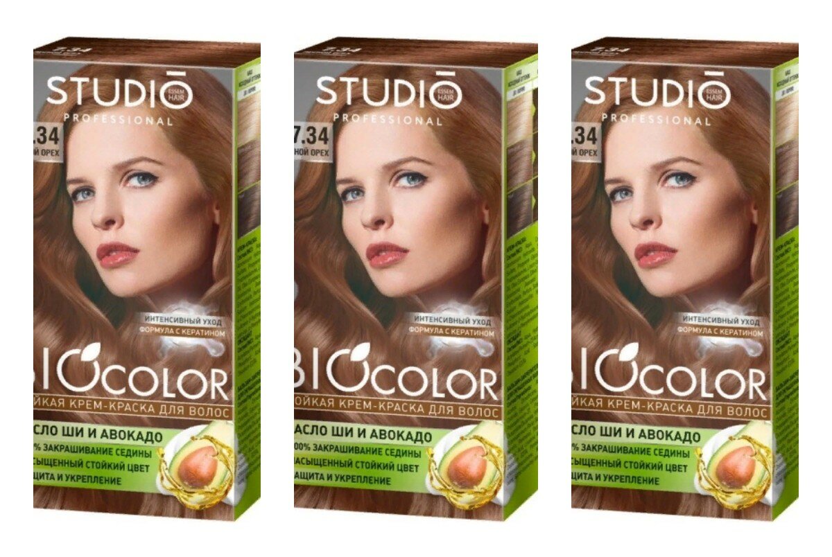 Крем-краска для волос Studio, Professional BioColor, 7.34 лесной орех, 115 мл, 3 шт