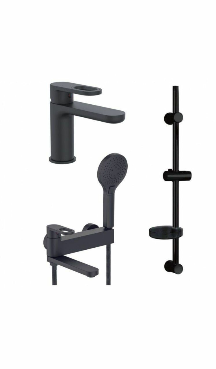 Душевой комплект 3 в 1 Hansen со смесителем для ванны, для умывальника и душевой стойкой с тропическим душем 90016C Черный