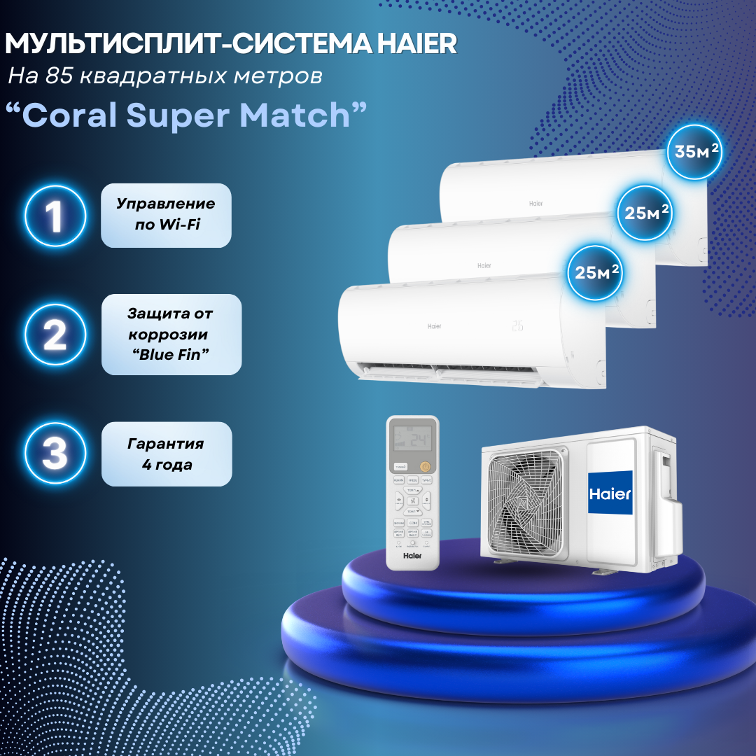 Мультисплит-система Haier Coral Super Match 2 x AS25PS1HRA-M + AS35PS1HRA-M / 5U90S2SS5FA на 3 комнаты 25+25+35 м²