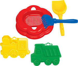 *ПесочНабор(Полесье) Набор № 89 (ситечко-цветок большое, лопатка №5, грабельки №5, формочки самосвал+паровоз) (в ассорт.) (7193)