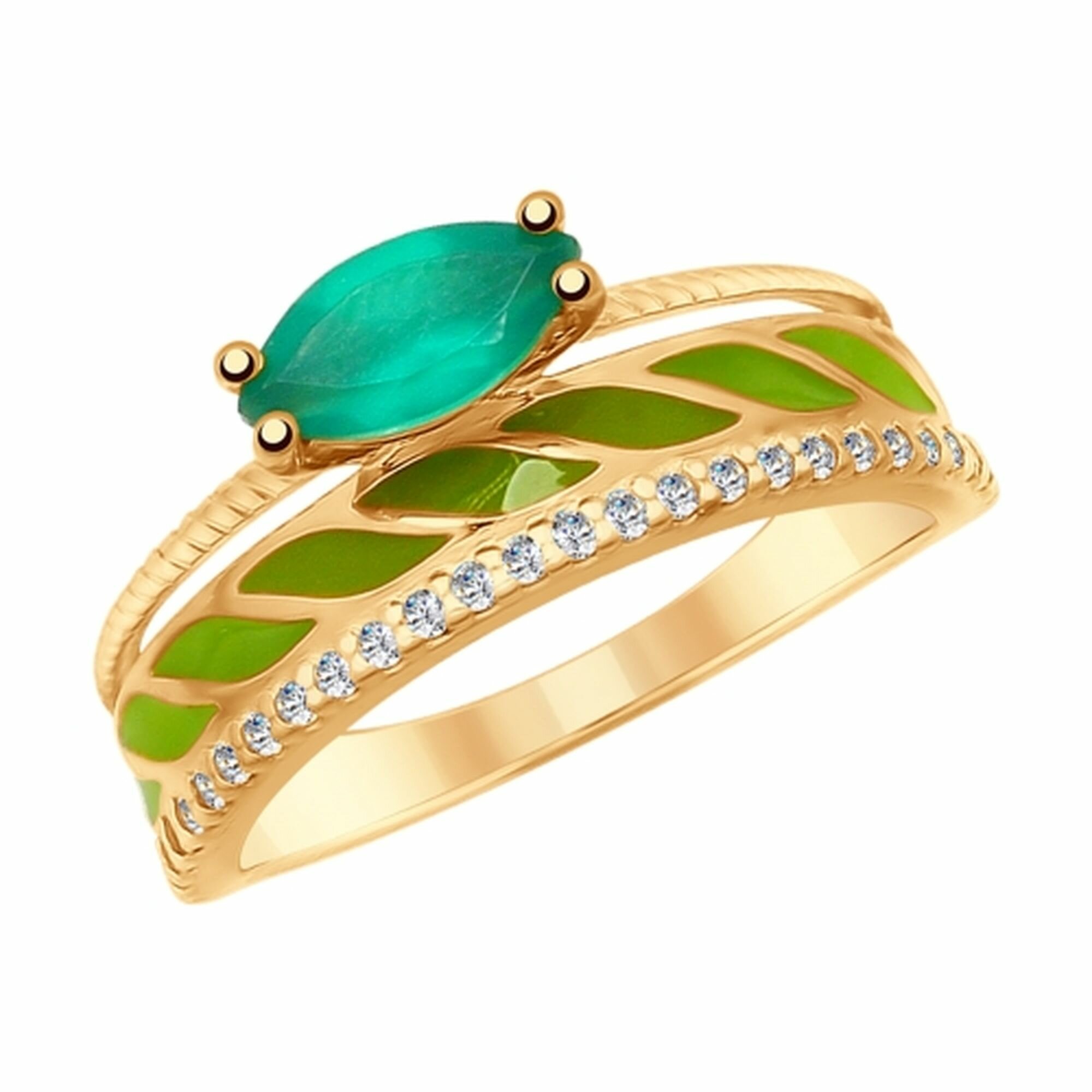 Кольцо, серебро, 925 проба, золочение, фианит, эмаль, агат