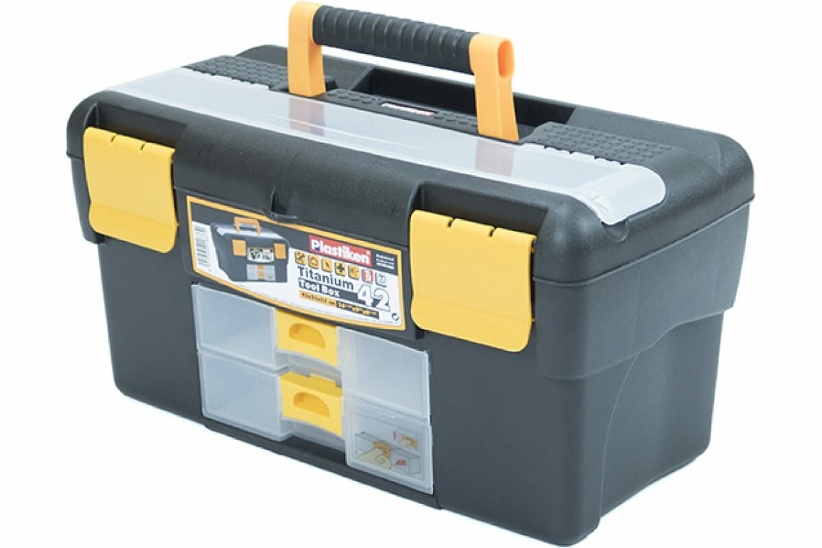 Ящик для инструментов PLASTIKEN 42 см черный пластик 21 л с выдвижными секциями и органайзером для крепежа и мелких деталей