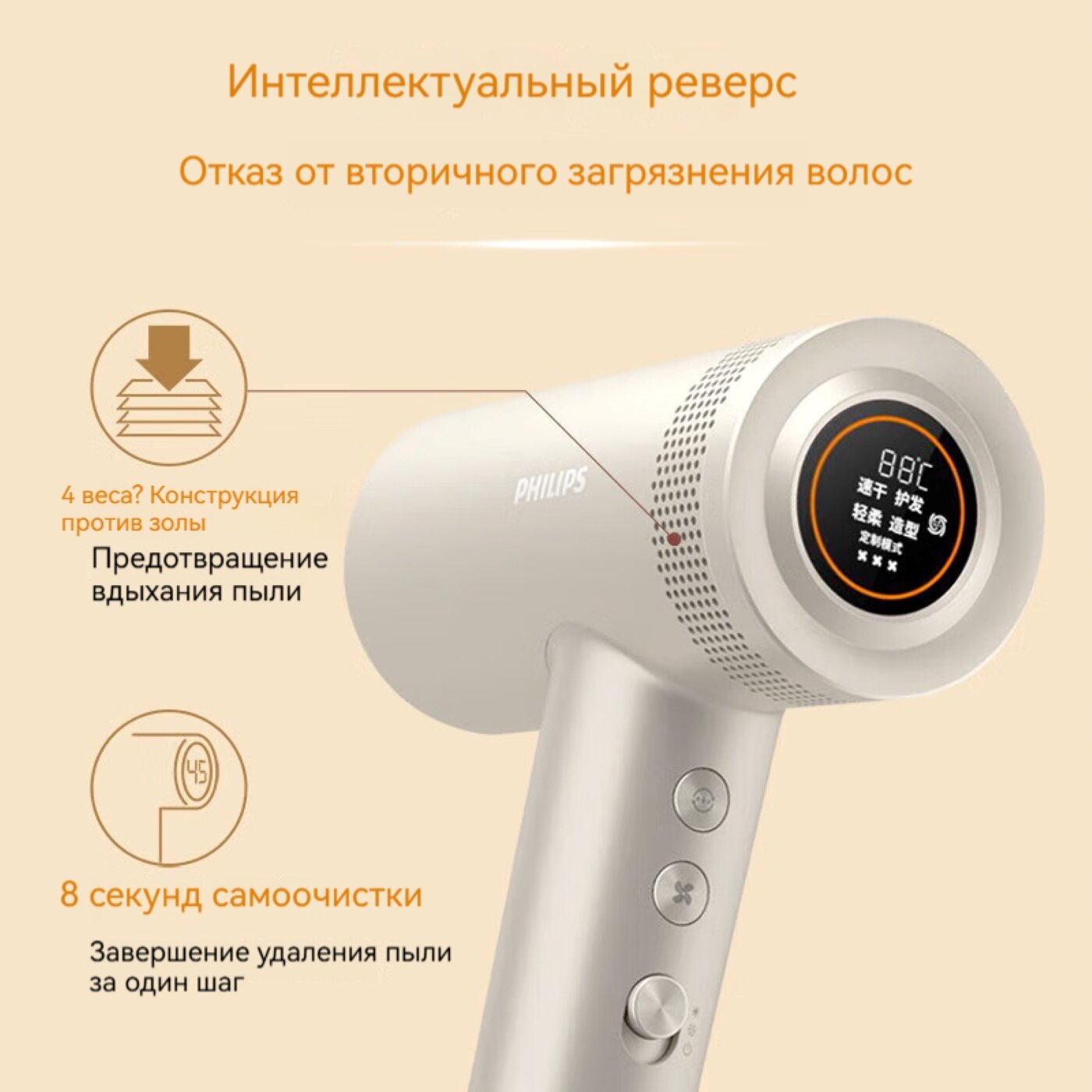Бытовой высокоскоростной фен PHILIPS высокой мощности (1400 Вт, 60 м/с, 110000 об/мин)
