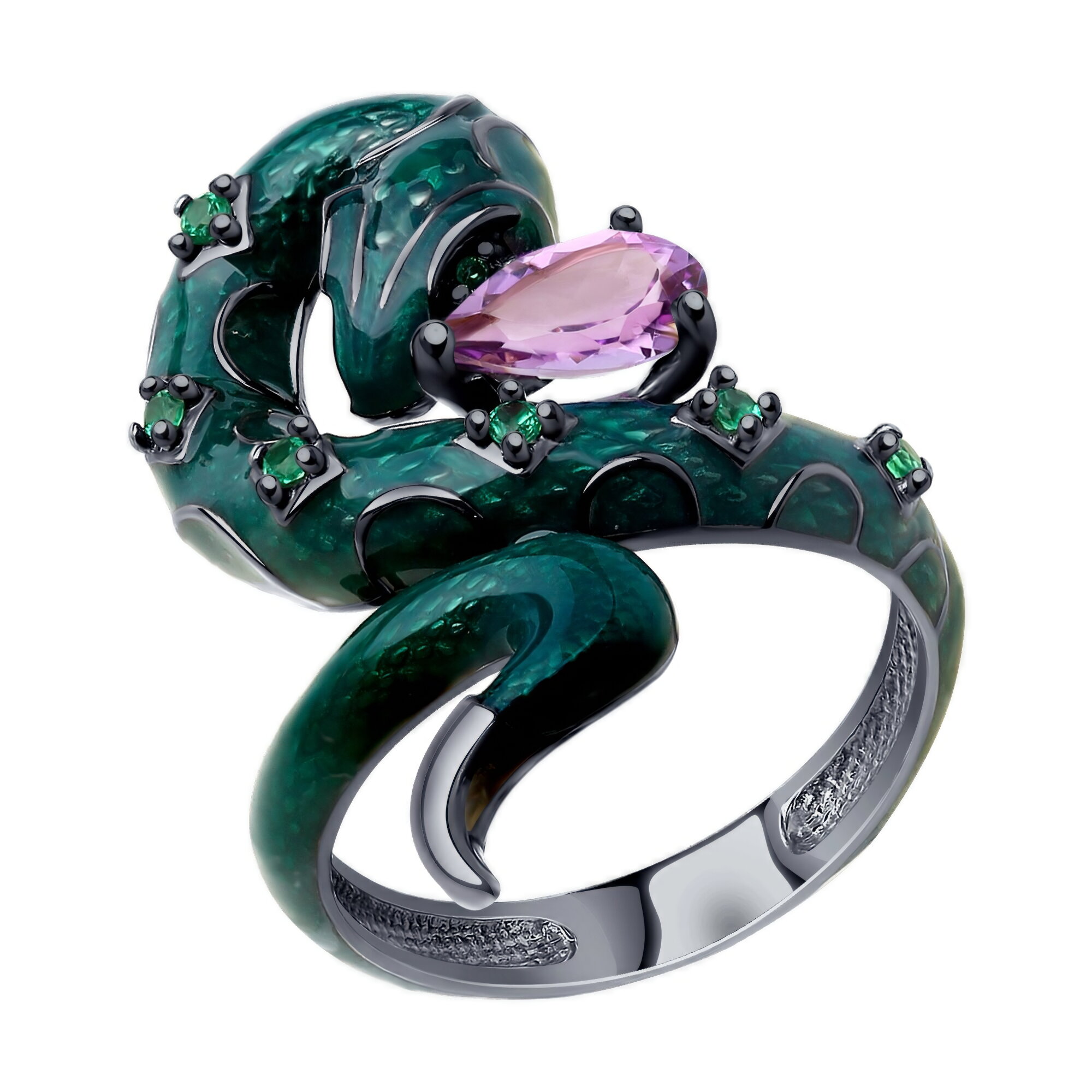 Кольцо, серебро, 925 проба, родирование, эмаль, фианит, аметист