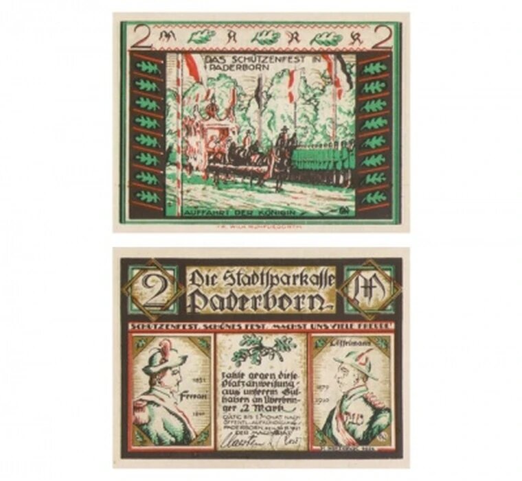 2 марки 1921 Германия, Падерборн, сувенирная копия нотгельда, банкноты и купюры редкие коллекционные