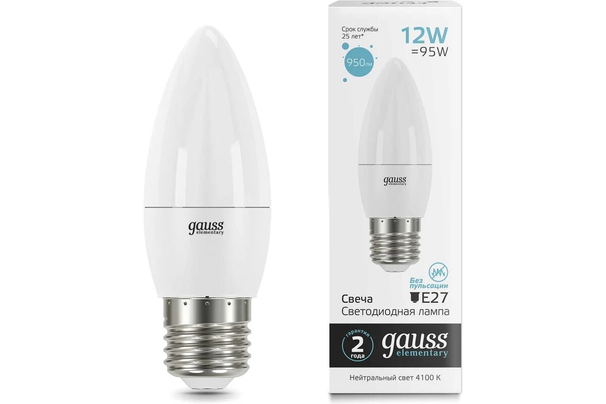 Gauss Лампа Elementary Свеча LED 12W 950lm 4100K E27, модель 30222, упаковка 1/10/100