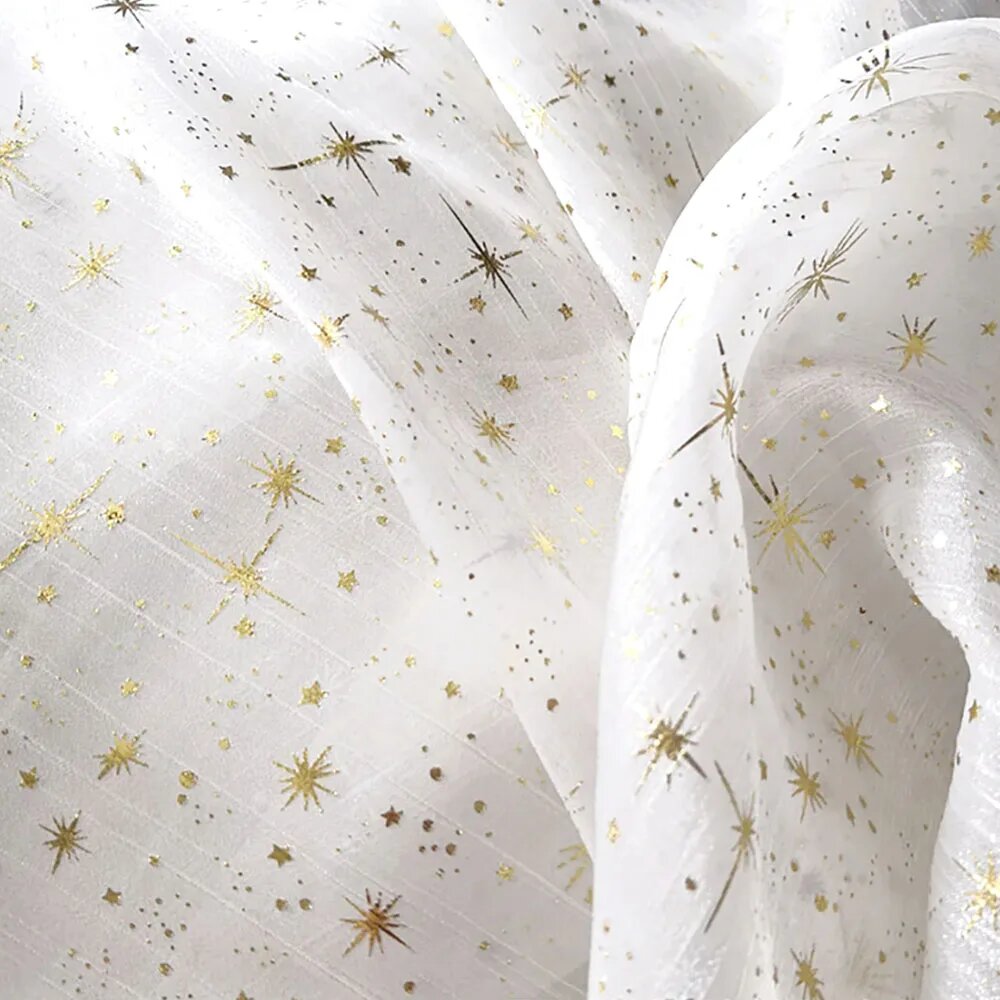 Ткань Органза 150x50 См, Блестящая Золотистая, Переливающаяся, С Звездами И Луной
