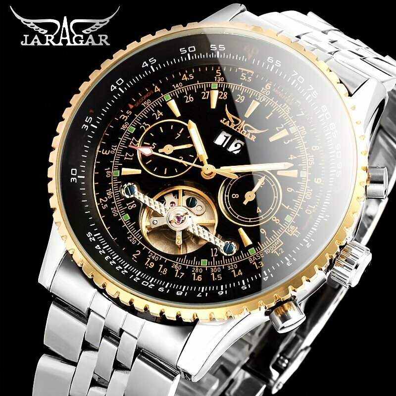 Мужские часы Jaragar Earth Fashion с большим циферблатом, механические, из нержавеющей стали, водонепроницаемые, турбийон, отображение календаря, недели и месяца, с автоподзаводом, с полым механизмом
