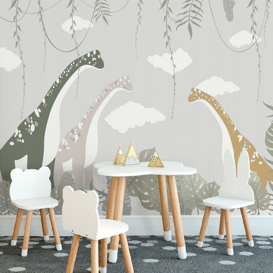 Фотообои Сказочные динозаврики в детскую 14-742-M-Флок 270 x 300 см (ВхШ) Бесшовные, флизелиновые, влагостойкие обои MasterFresok