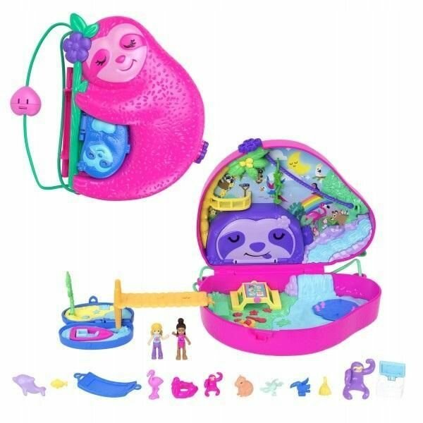 Фигурки Mattel Polly Pocket - Игровой набор Компактная сумка ленивец Sloth Family с 2 микрокуклами и животными HRD40