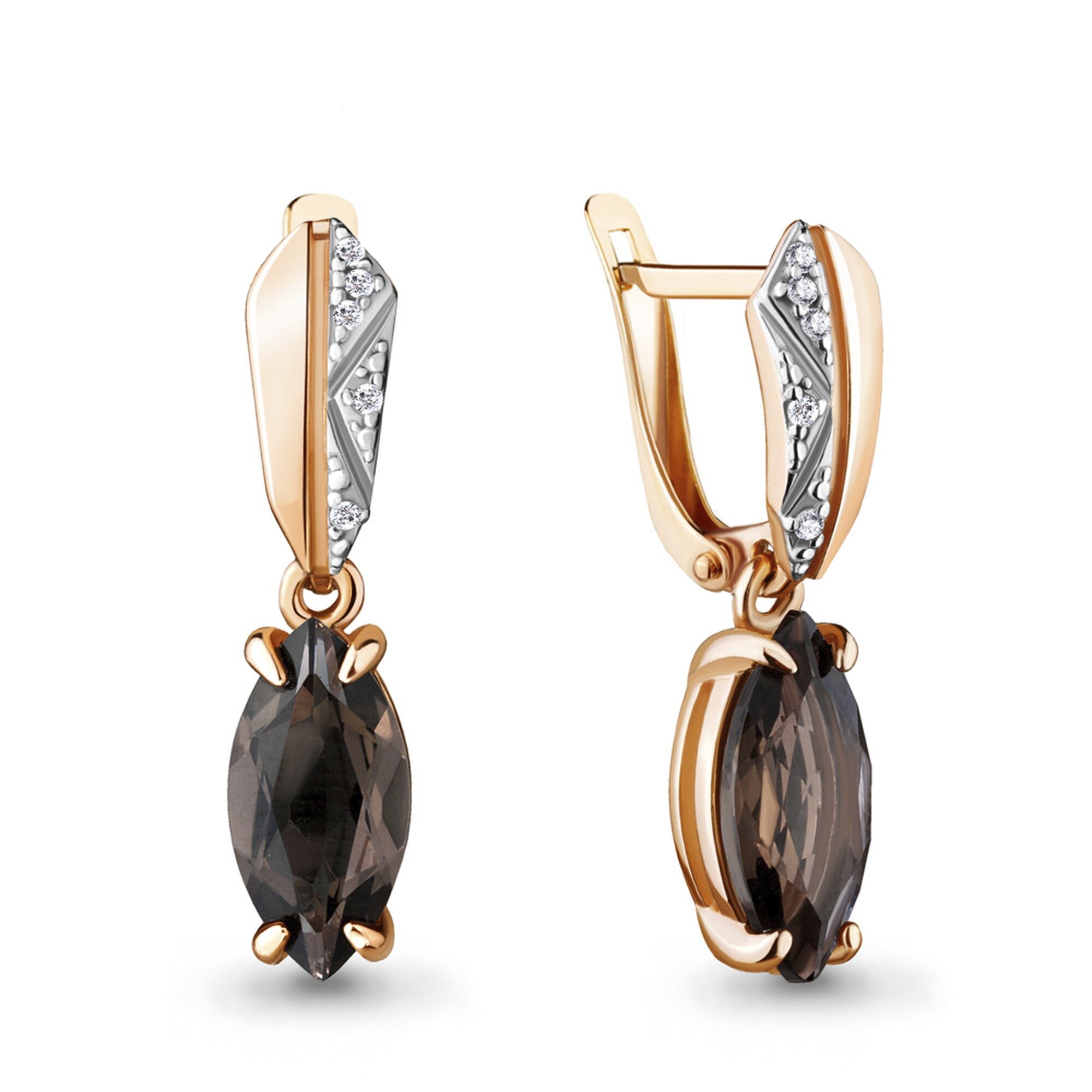 Серьги, серебро, 925 проба, золочение, фианит, раухтопаз