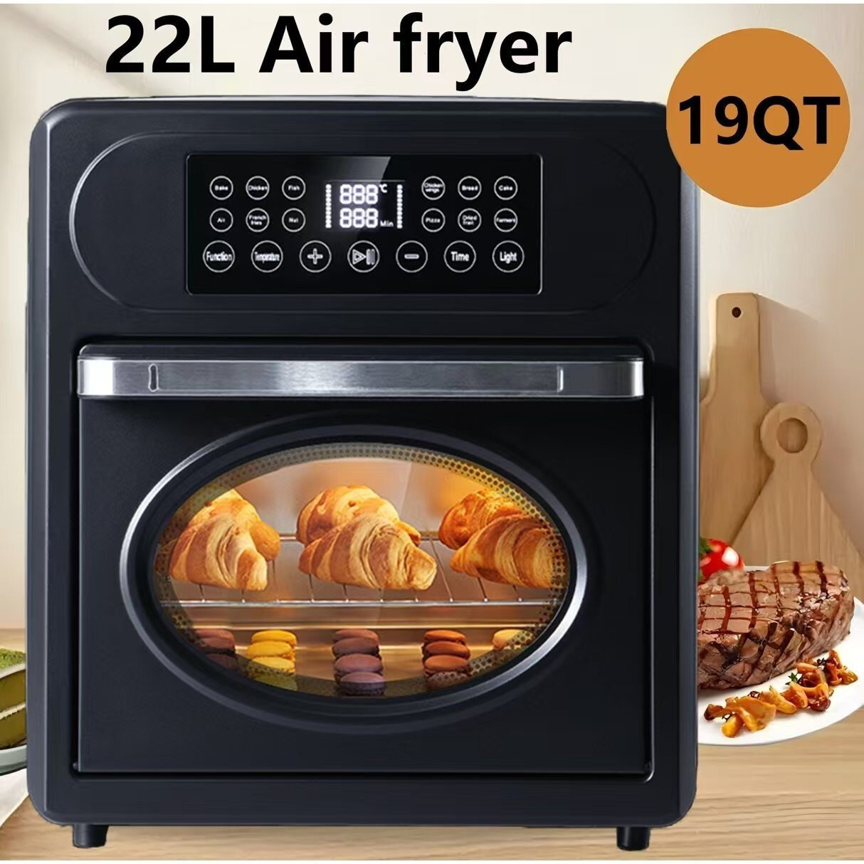 Сверхбольшая конвекционная настольная печь, 22L комбо-фритюрница и тостер для жарки, запекания, разогрева, безмасляной жарки, нержавеющая сталь, сенсорный LED-дисплей, видимое окно, здоровое приготовление,