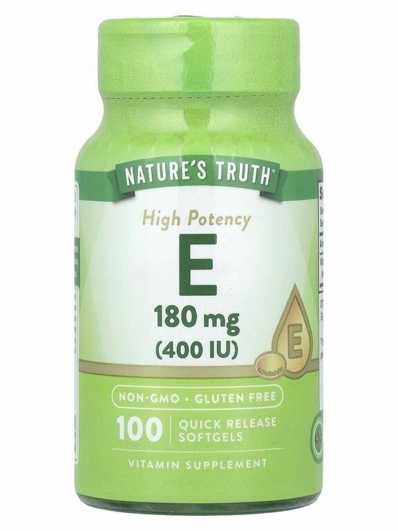Витамин E, высокая эффективность, 180 мг (400 МЕ), 100 капсул быстрого высвобождения, Nature's Truth
