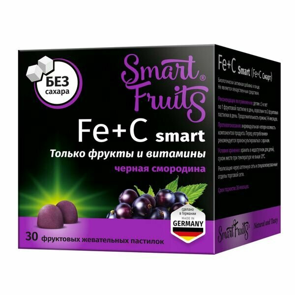Железо+Витамин С Смарт вкус фруктовый без сахара с 3+ лет Smart Fruits/Смарт Фрутс пастилки жевательные 2,5г 30шт