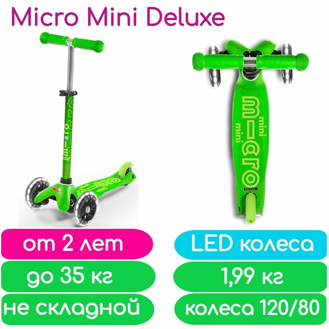 Самокат Mini Micro Deluxe Зеленый (MMD051) светящиеся колеса
