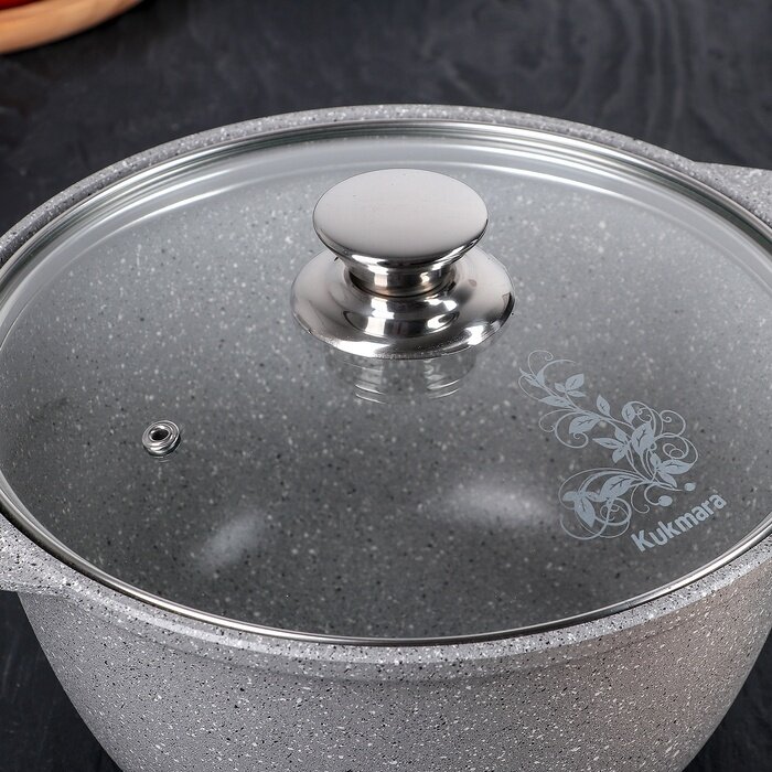 Кастрюля Kukmara 3 л, стеклянная крышка, антипригарное покрытие, светлый мрамор
