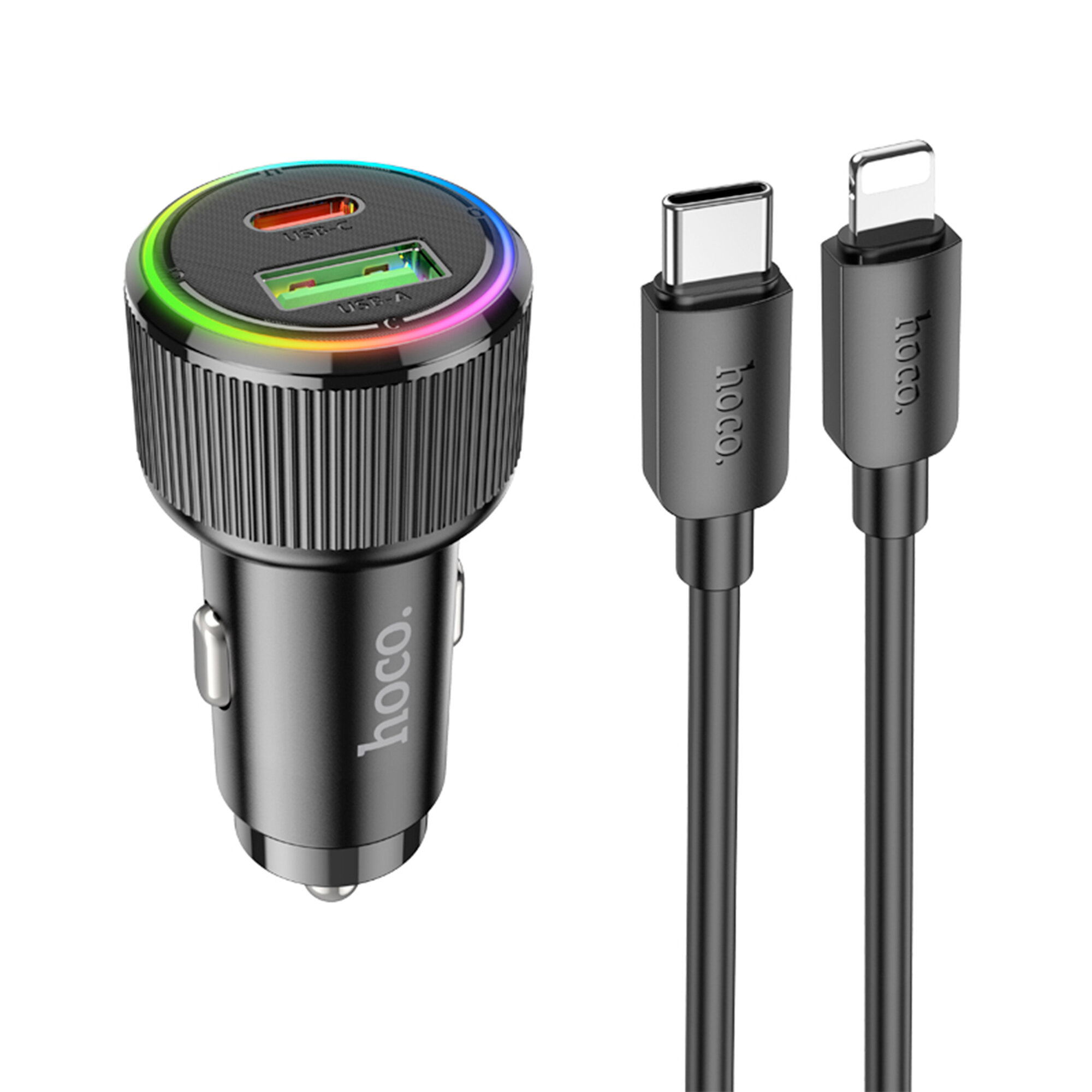 Автомобильное зарядное устройство, 1 USB QC3.0 18W, 1 PD 20W (NZ14A), HOCO, кабель Type-С to Lightning, черный