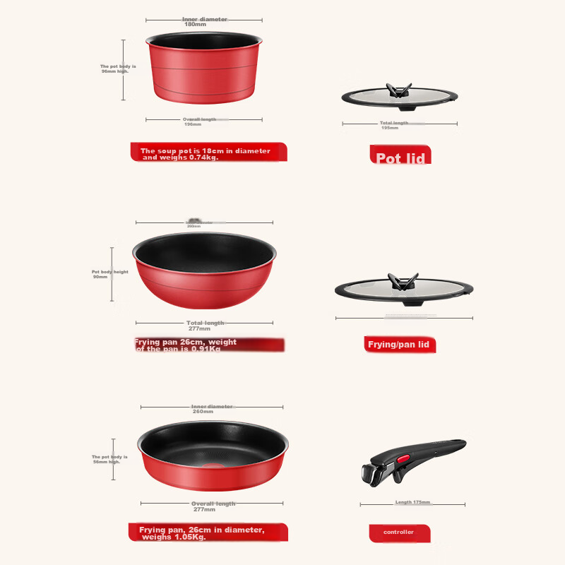 Tefal Cookware Set, Versatile Detachable Frying Pan, Non-Stick Pan with Titanium Coating, Six-Piece Set, Rose Red