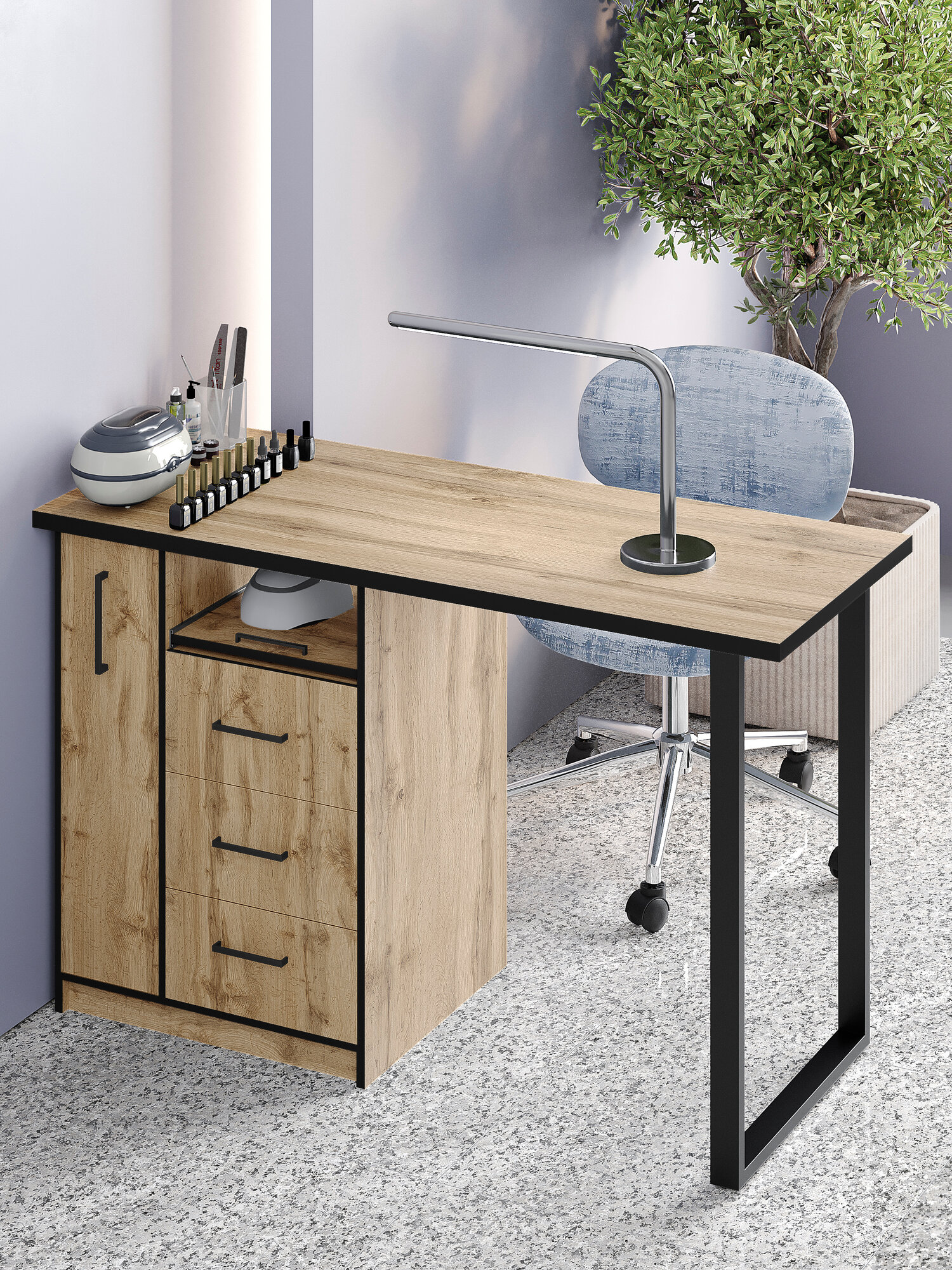 Стол для маникюра с выдвижной полкой и вертикальным ящиком, цвет дуб вотан с черной кромкой