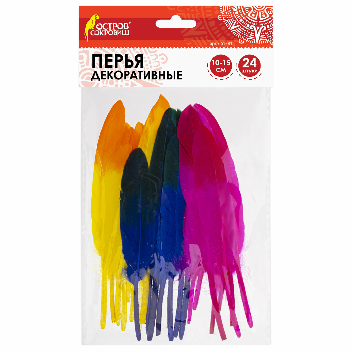 Перья декоративные прямые, 10-15 см, 24 шт, 6 цветов, двухцветные, ассорти, остров сокровищ, 661381