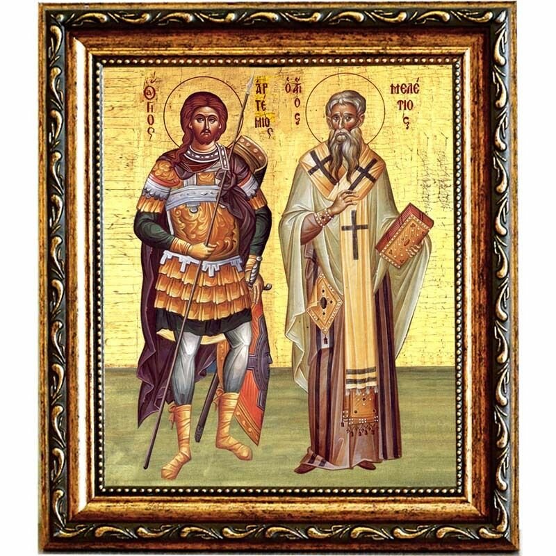 Артемий и Мелетий Антиохские. Икона на холсте. (15 х 18 см / В раме)