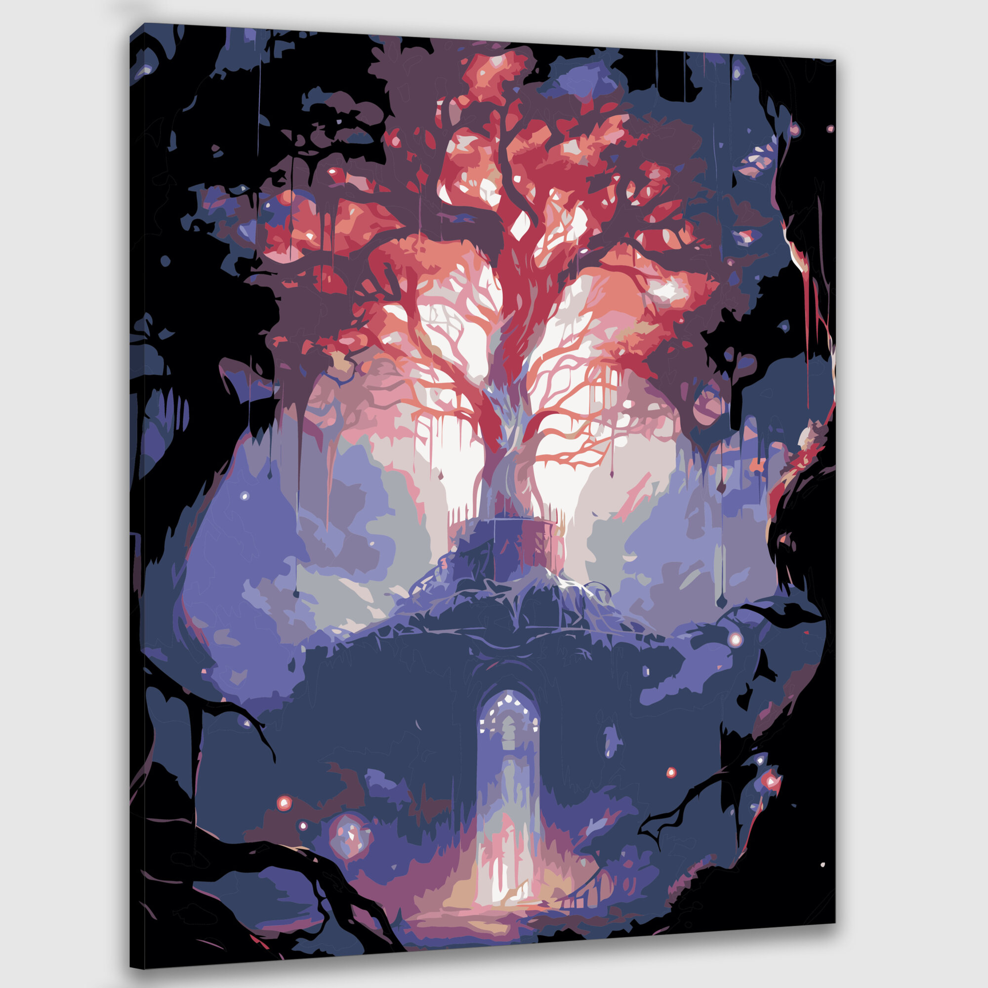 Картина по номерам 40x50 см, цифровое изображение, фантастическая волшебная, высокие деревья, светящиеся кристаллы