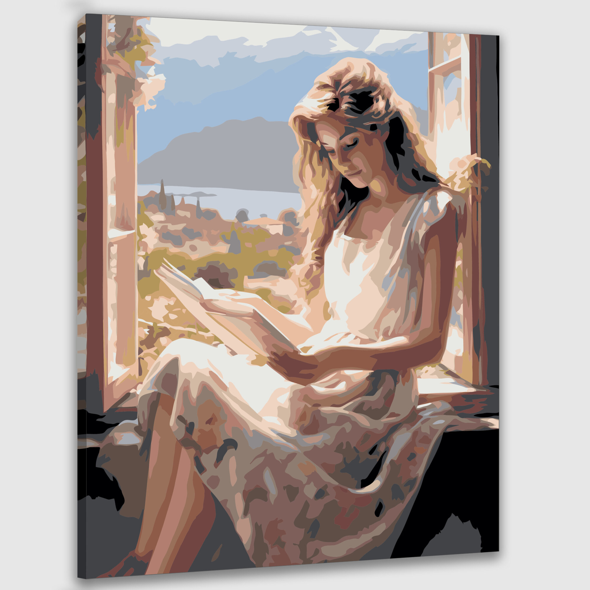 Картина по номерам 40x50 см, картина маслом, девушка, страсть, увлекательная книга, удивление, воображение, подоконник