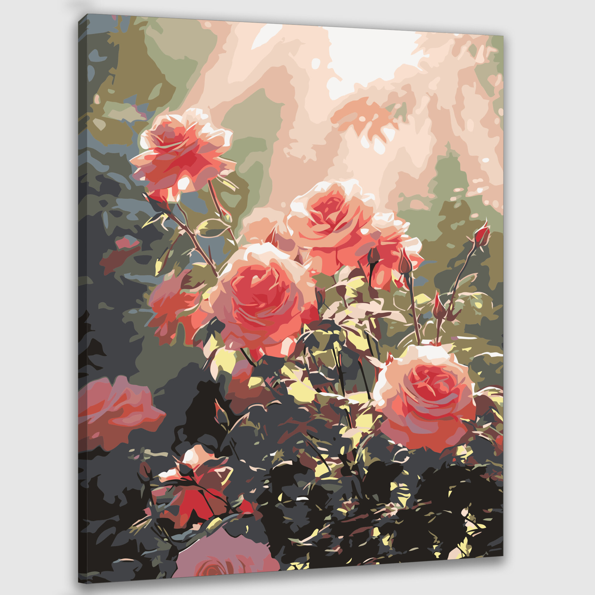 Картина по номерам 40x50 см, картина, цифровое изображение, садовая сцена, красные розы, залитый солнцем луг