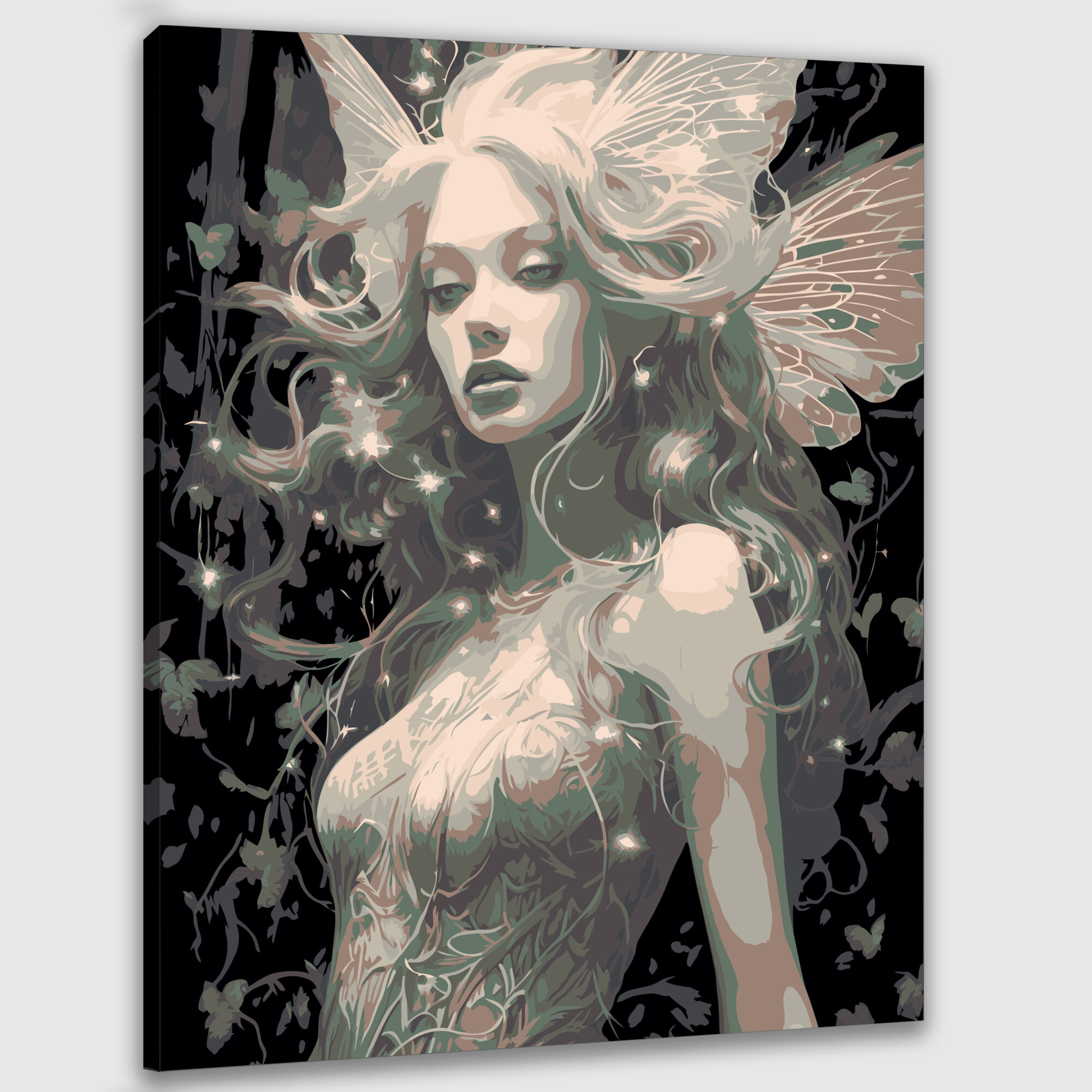 Картина по номерам 40x50 см, фея, графитовый рисунок, распущенные волосы, изящные крылья, сказочный лес, сложный