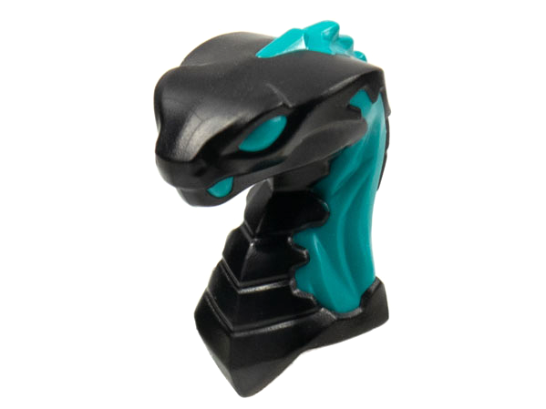 Minifigure, Head, Modified Snake, Cobra with Closed Mouth with Molded Dark Turquoise Eyes, Fangs, and Flames on Closed Hood Pattern, 49588pb02 Black U