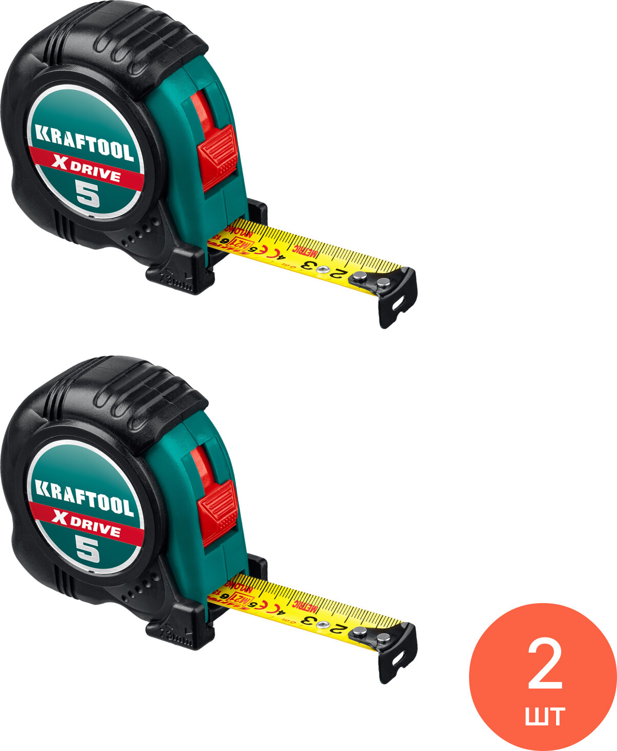 Измерительная рулетка KRAFTOOL / Крафтул X Drive автоматическая, корпус из пластика, стальная лента, 5м / строительство и ремонт (комплект из 2 шт)