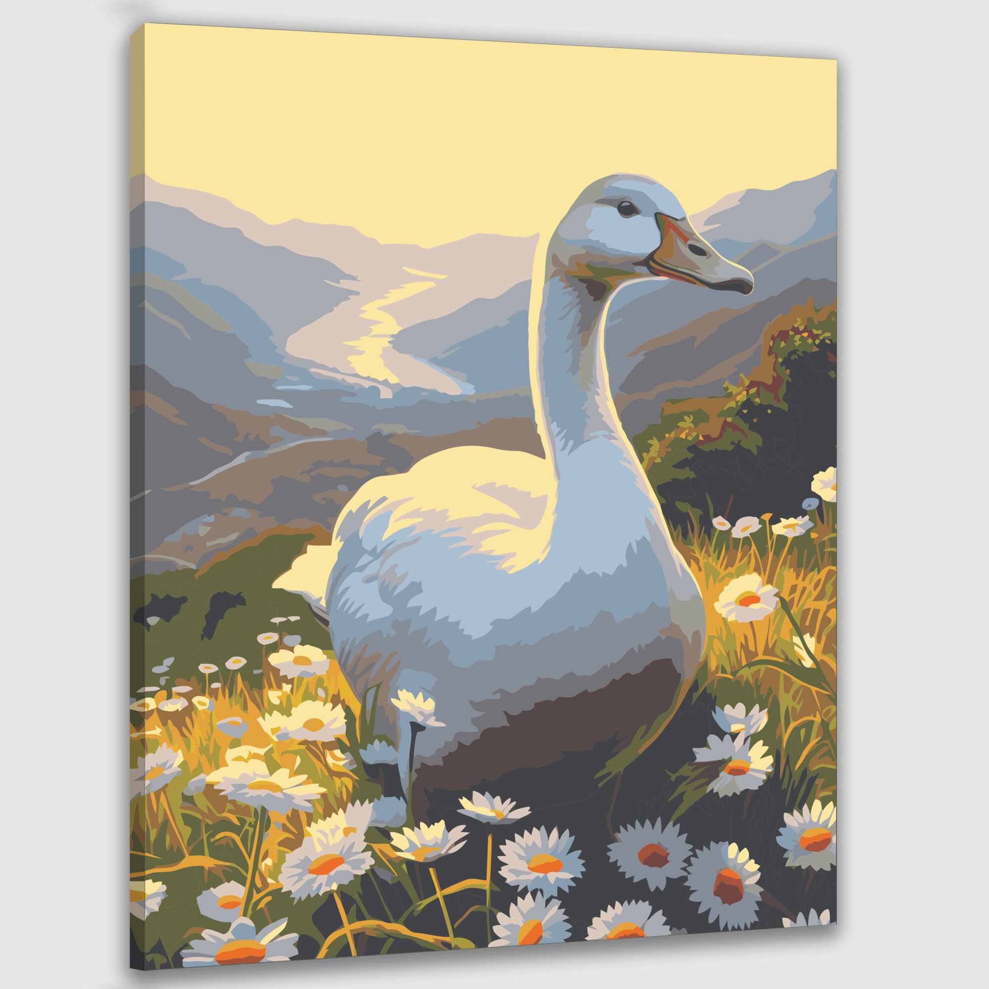 Картина по номерам 40x50 см, картина, масло, гусь, перья, закат, пейзаж, холмы, цветы