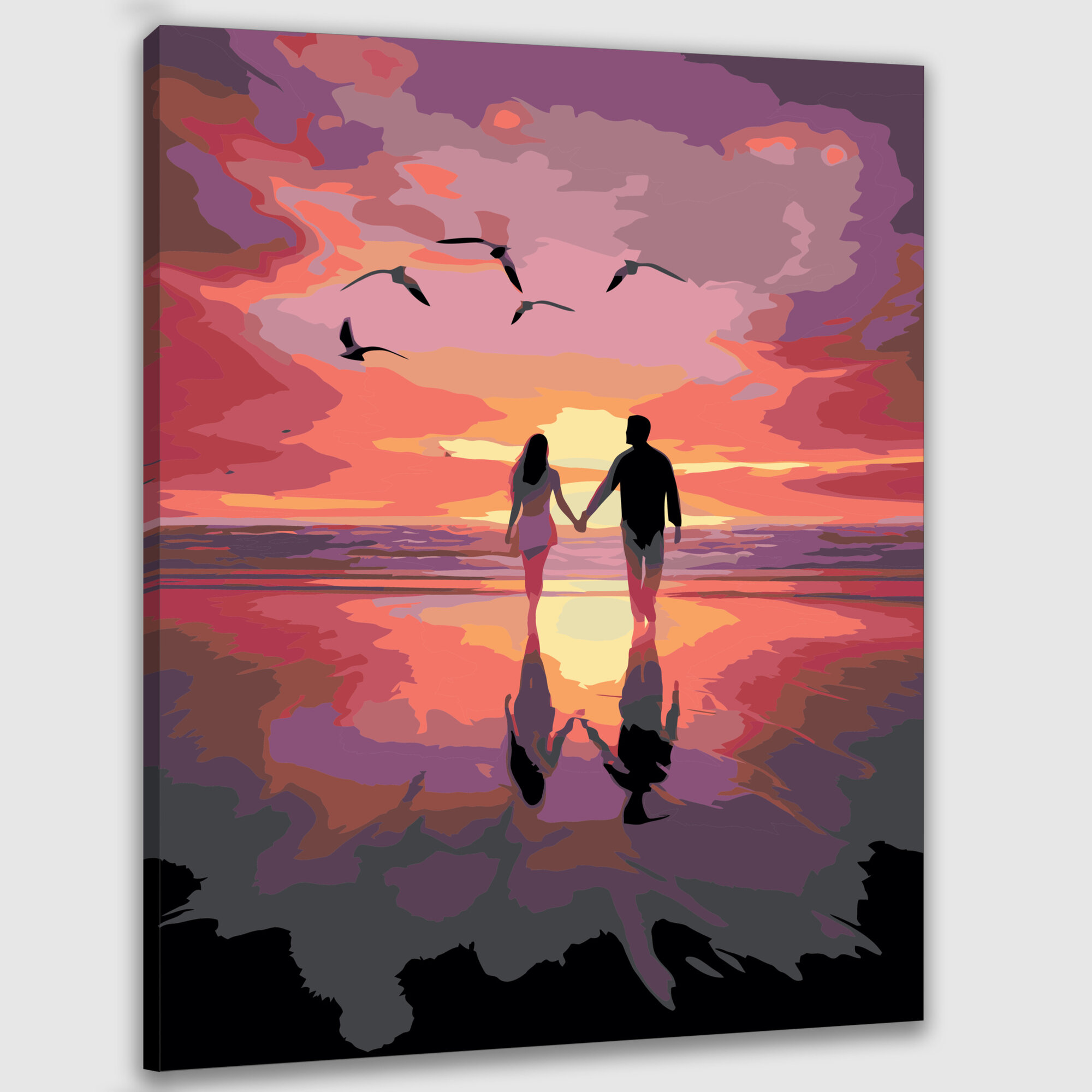 Картина по номерам 40x50 см, пара, пляж, закат, силуэты, небо, оранжевый, розовый, фиолетовый, безмятежность, волны