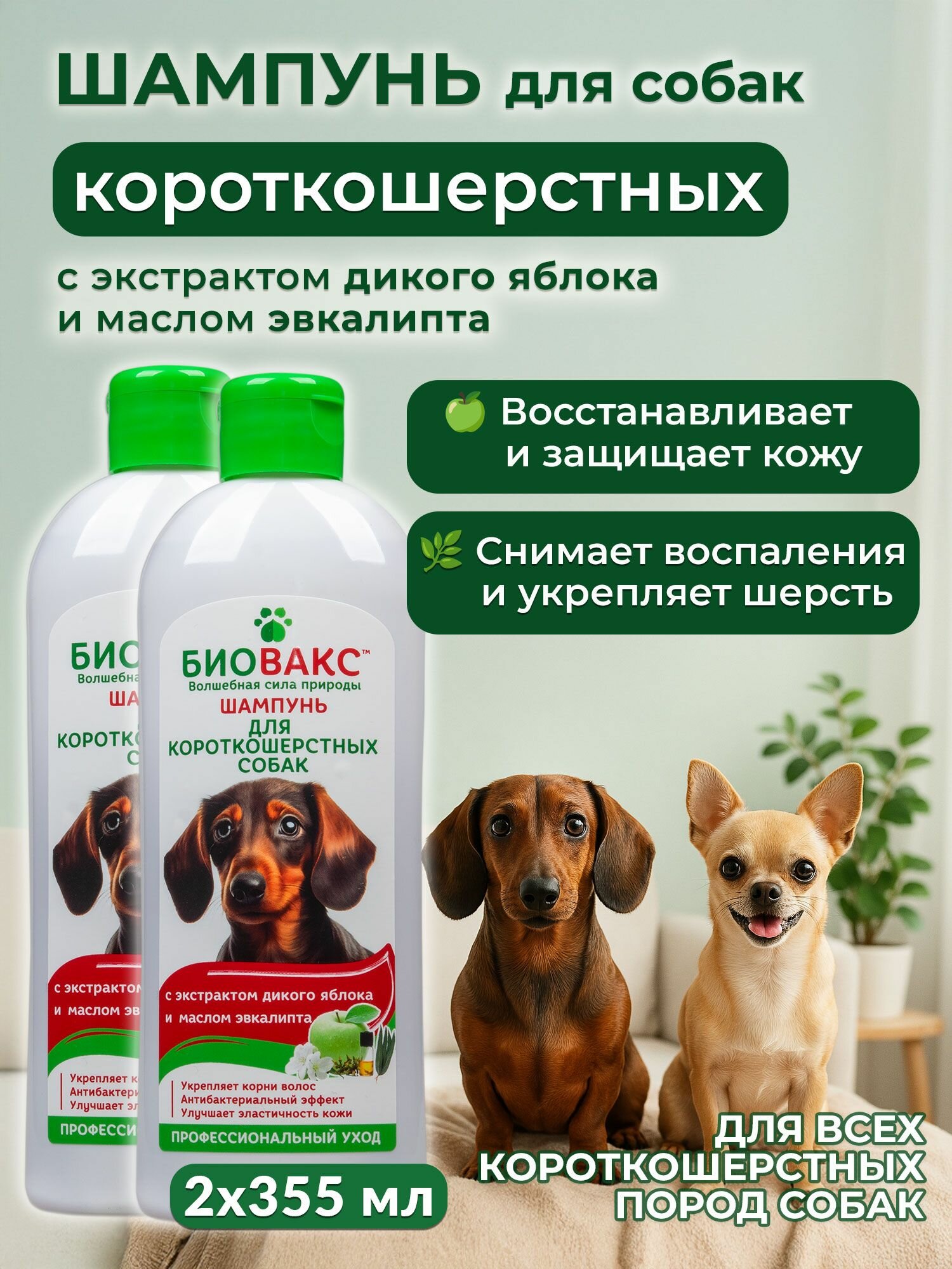 Шампунь для собак для короткошерстных пород БиоВакс с экстрактом дикого яблока и маслом эвкалипта, 355 мл (2 флакона)